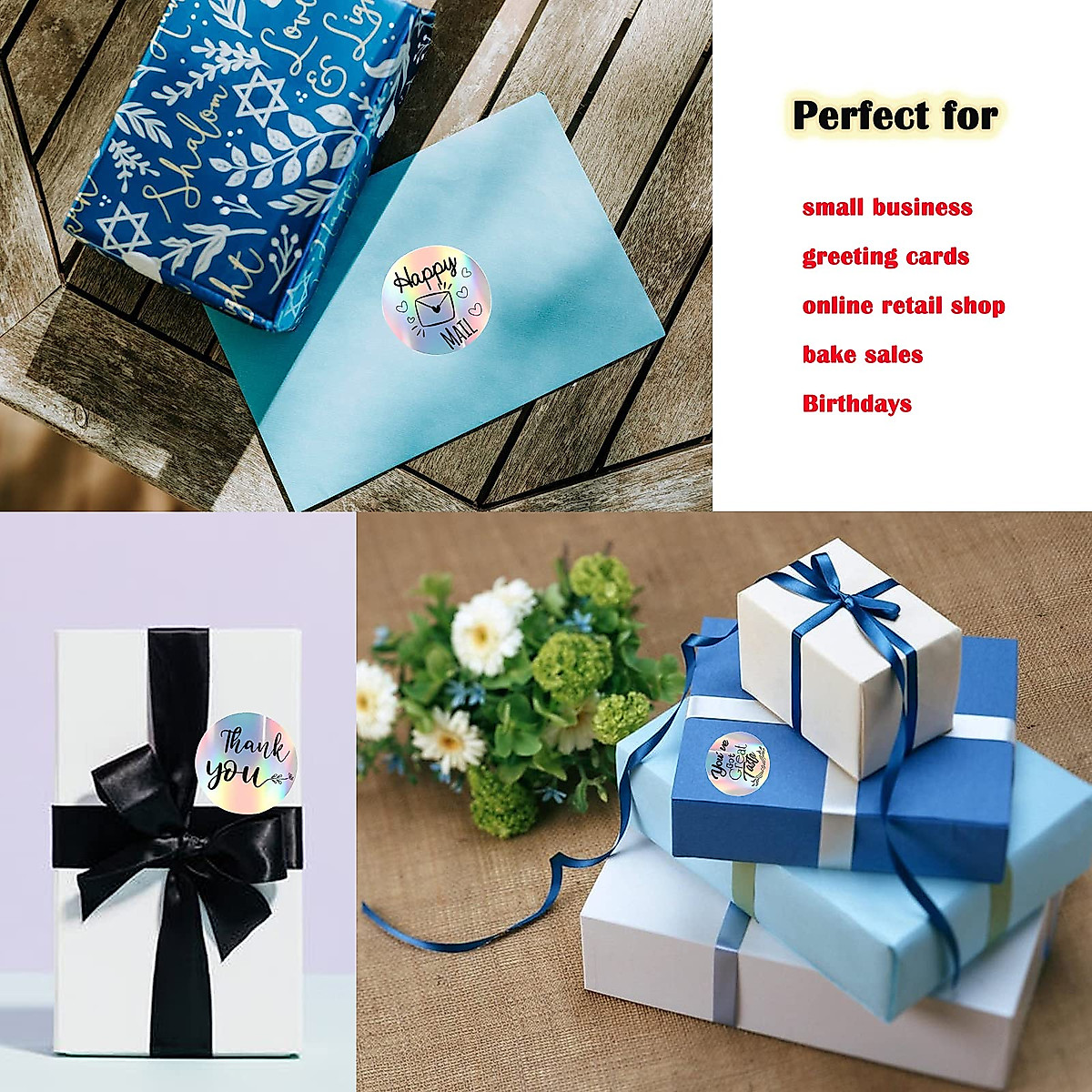 Flosius 500 PCS Thank You Stickers 5 Different Design Rainbow Holo Stickers Holographic Silver Roll Business Thank You Label for Small Business Packaging Supplies