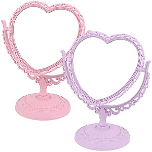 TBoxBo 2 Pack Heart Mirror Lovely Heart-Shaped Cosmetic Mirror Plastic Double-Sided Heart Mirror Rotatable Dresser Mirror Bathroom Bedroom Dressing Beauty Mirror for Girls Bedroom(Pink & Purple)