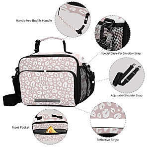 Qilmy Lunch Bag Pink Leopard Insulated Lunch Box Cooler Tote Removable Shoulder Strap Meal Picnic Bags for Outdoor School Travel Office Work