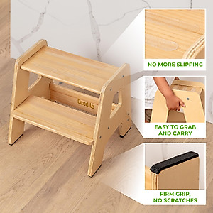 Wooden Step Stools for Kids - Sturdy, Non-Slip, Non-Tip Toddler Step Stool for Bathroom Sink for Your Little One - Varnished