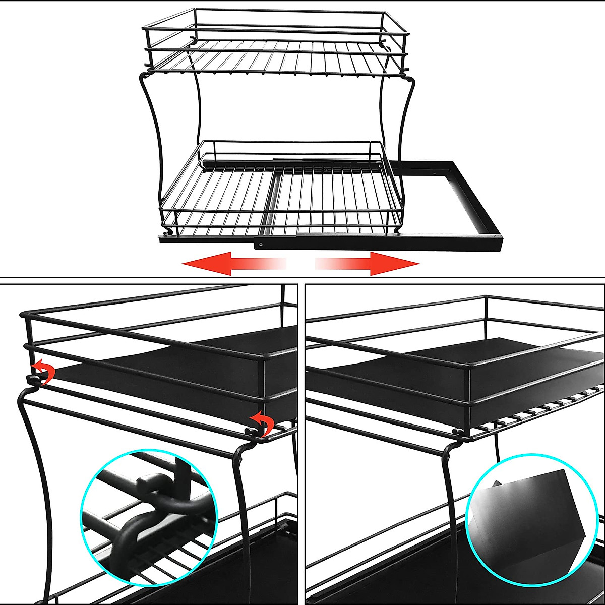 MUUBOOX Under Sink Cabinet Organizer Storage,Pull Out Cabinet Organizer with 2 Tier Pull Out Sliding Shelf with Protective Shelf Liners for Kitchen Bathroom Cabinet 11.6Wx15.8Dx13.3H-Inch (Black)