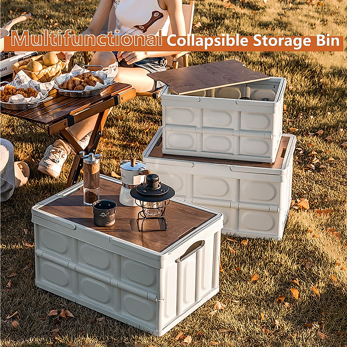 VPTMRP Collapsible Storage Bin with Handles and Wooden Lid, Large Capacity Stackable Utility Crates Holds 33lbs for Outdoor Home Storage Organizing Moving (30L/7.9Gal)