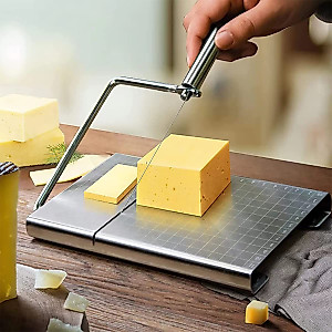 Cheese Slicer Stainless Steel Butter Cutter Cheese Cutter with Precision Scale Plate for Accurate Cuts with Four Replacement Cords and Knife and Fork Set of Four for Cheesecake Butter Sausage