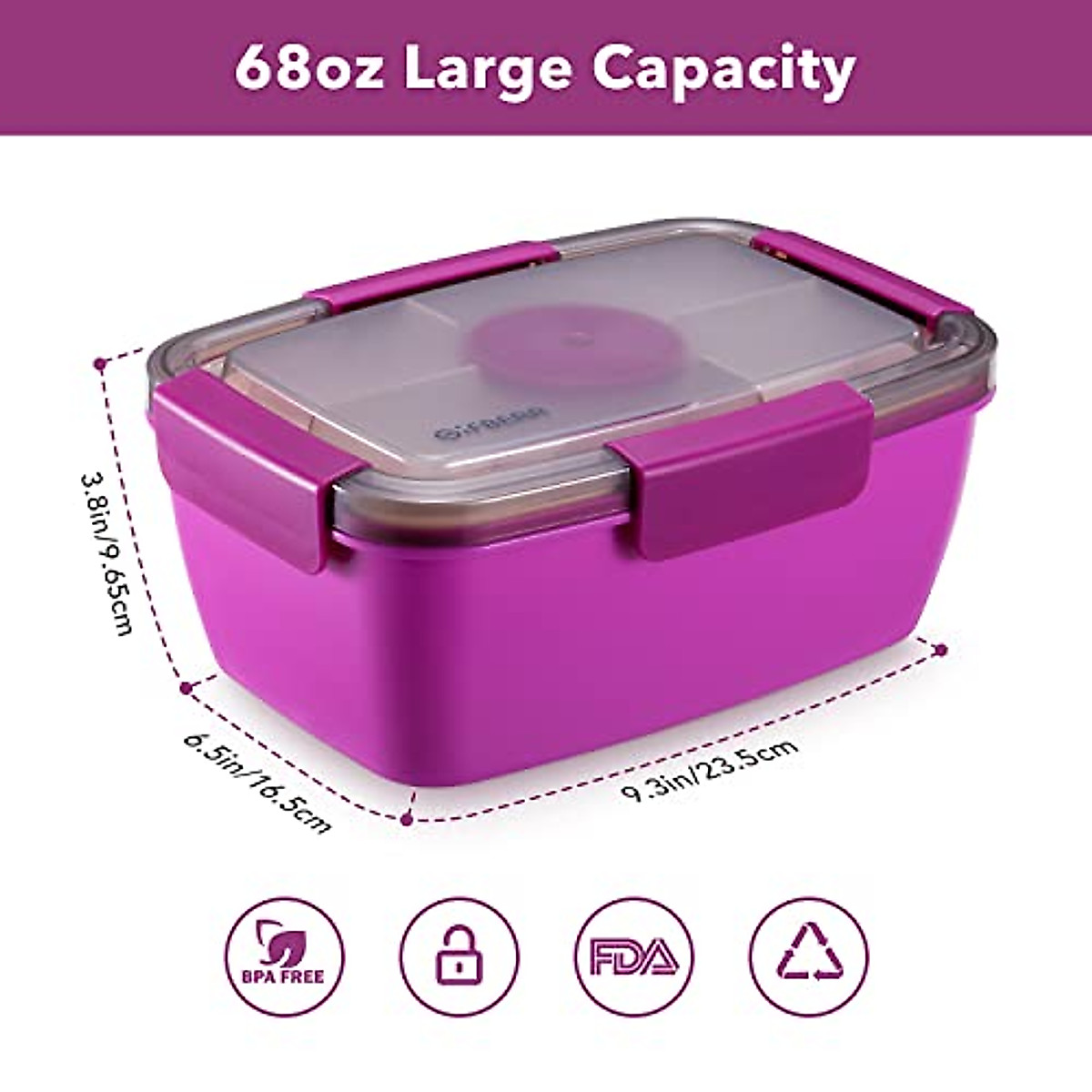 GiFBERA Large Salad Container for Lunch - 68 oz Salad Bowl with 5 Compartments Bento-Style Tray, 2 pieces Salad Dressing Containers To Go, Leak-Proof & BPA-Free (Purple)