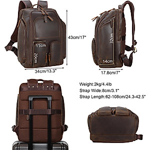 Masa Kawa Vintage Leather 15.6" Laptop Computer Backpack Camera Bag for Men Photographers Brown Large Business Travel Work Multi Pockets Rucksack Daypack