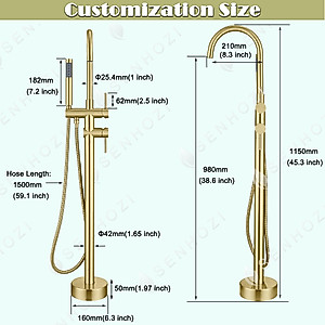 Freestanding Tub Faucet Floor Mount Tub Fillers Freestanding, Senhozi Brushed Gold Free Standing Tub Faucets, Mixer Tap Two Handle Gold Freestanding Bathtub Faucet with Hand Shower, SE-3001-BG