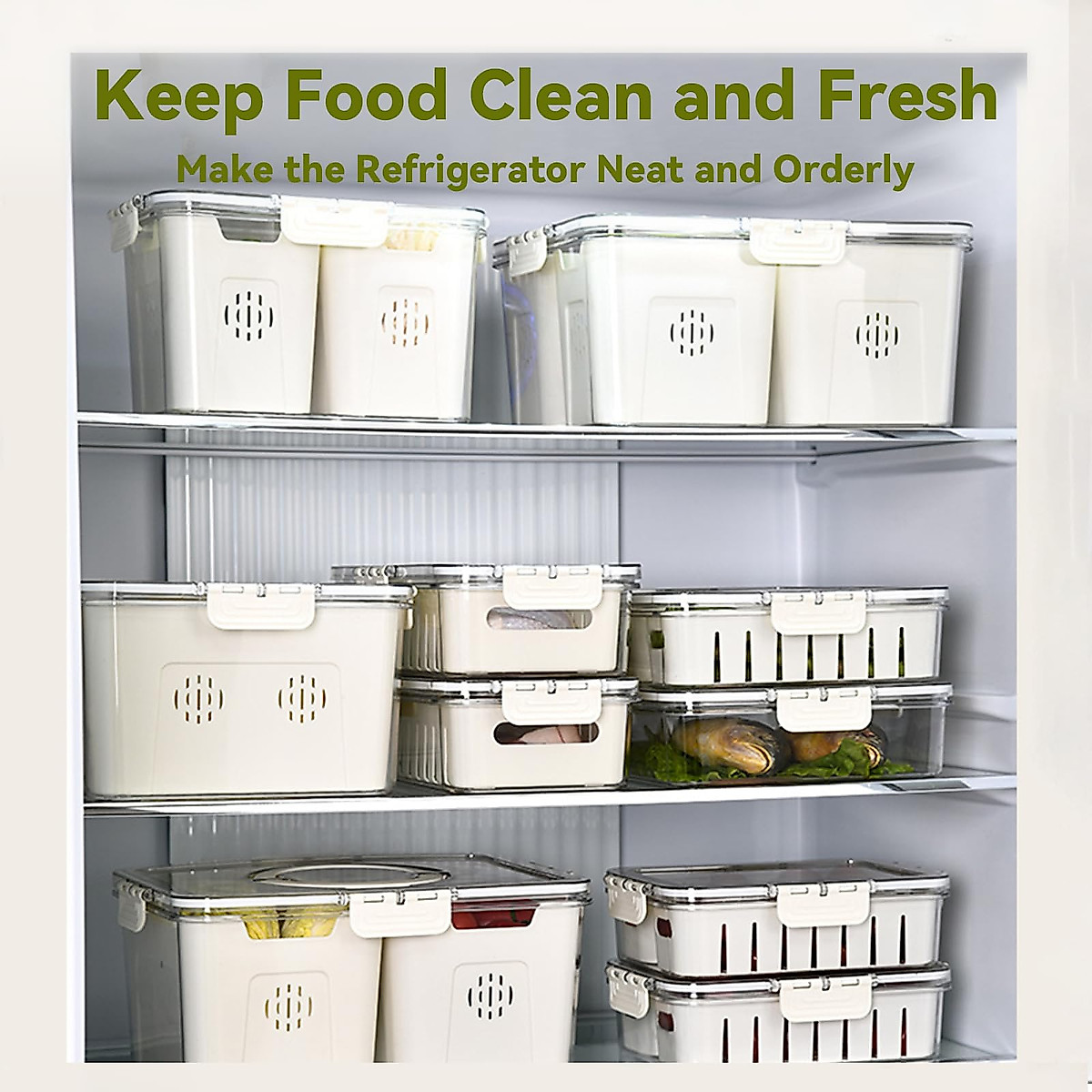 LEEHEZLY Food Storage Container for Fridge, Portable White Plastic BPA-free Box, Divided Serving Tray with Lids and Handle, Keep Fruits and Vegetables Fresh with 4 Removable Colanders (Short)