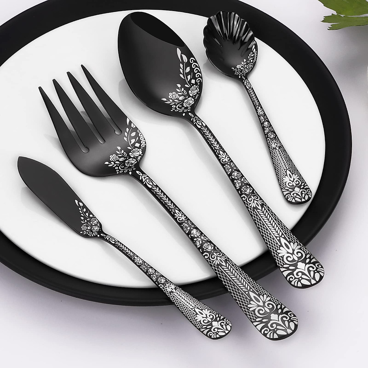EUIRIO 89-Piece Black Silverware Set with Serving Utensils, Black Flatware Set for 14, Stainless Steel Mirror Cutlery Set, Spoons Forks Knives with Unique Floral Laser, Tableware Set, Dishwasher Safe