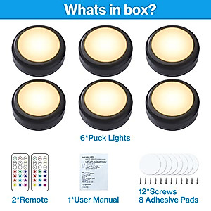 Cadrim Puck Lights, 6 Pack 13 Colors Changeable LED Puck lightings Battery Powered Dimmable Under Cabinet Lights, Battery Powered Under Counter Lights with 2 Wireless Remote Controls, Black