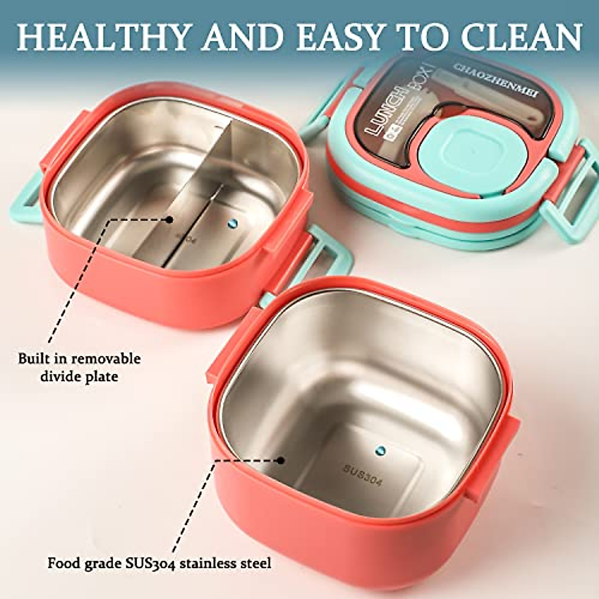 Stackable Lunch Container for Adults with 45oz Large Capacity Stainless Steel bento box Adult lunch box, Leak-Proof Durable All-in-One Bento Box Built In Divider, Spoon, Dressing Container (Pink)