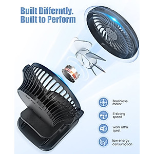 LEMOISTAR AA Battery Operated Clip on Fan, Stroller Fans, USB Powered Portable Desk Fan 4 Speeds Personal Golf Cart, Small Table Fan, Wireless, for Camping Hurricane Office Bed-Black