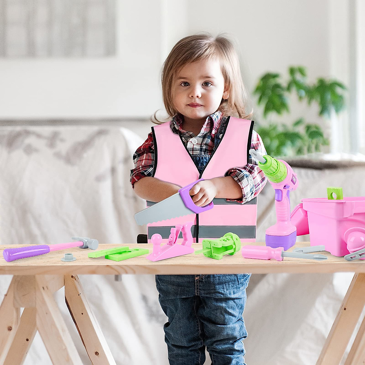 Kids Tool Set, Pink Toy Tool Set for Girls with Electric Drill, Hammer, Planer, Working Vest, Accessories and Storage Box, Construction Pretend STEM Toy Tool Kit for Toddlers Age 3 Years and Up