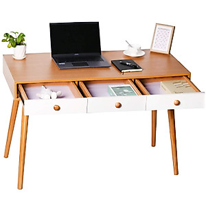 CERBIOR Writing Computer Desk, Laptop Notebook PC Workstation with 3 Drawers, Modern Simple Study Makeup Vanity Table Modern Furniture for Home Office, Burlywood