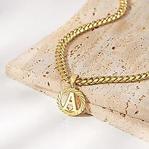 KissYan Gold Initial Necklace,14K Gold Plated Round Letter Pendant Hollow Capital Monogram 5mm Cuban Chain Necklace Alhpabets from A-Z Dainty Jewelry for Women Men Girls(Letter M)