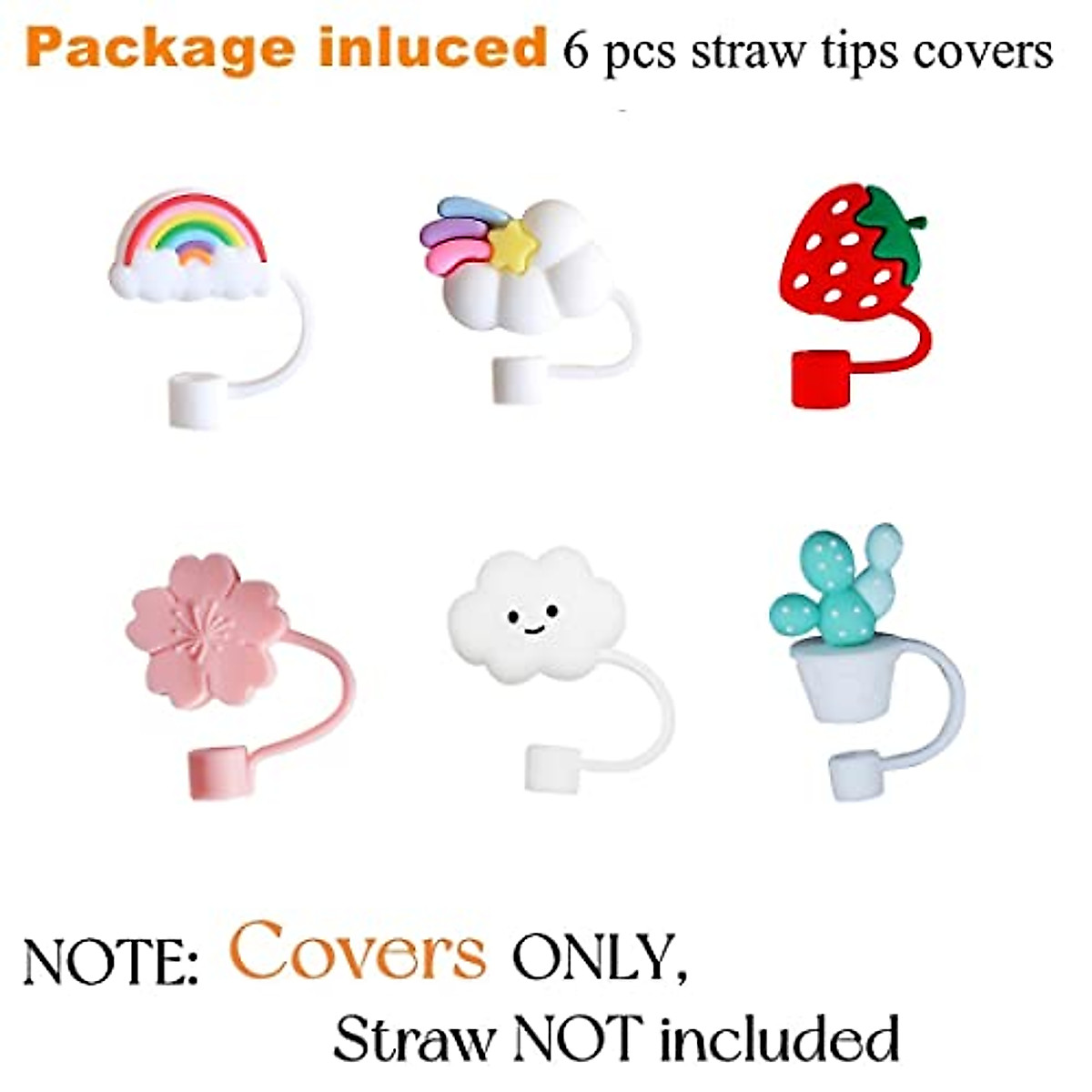 6pcs Straw Cover Cap Reusable Silicone Straw Toppers - Cute Dust-Proof Drinking Straw Tips Lids for 6-8mm Straws - Strawberry, Rainbow, Cloud, Cactus, Pink Sakura (straw covers cap 6 in 1)