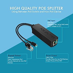 Gigabit PoE USB C Splitter 48V to 5V 2.4A, IEEE 802.3af/at 10/100/1000Mbps Active PoE Power Over Ethernet USB C Splitter Adapter for Security IP Cameras, iPads, Raspberry Pi4, Dropcam