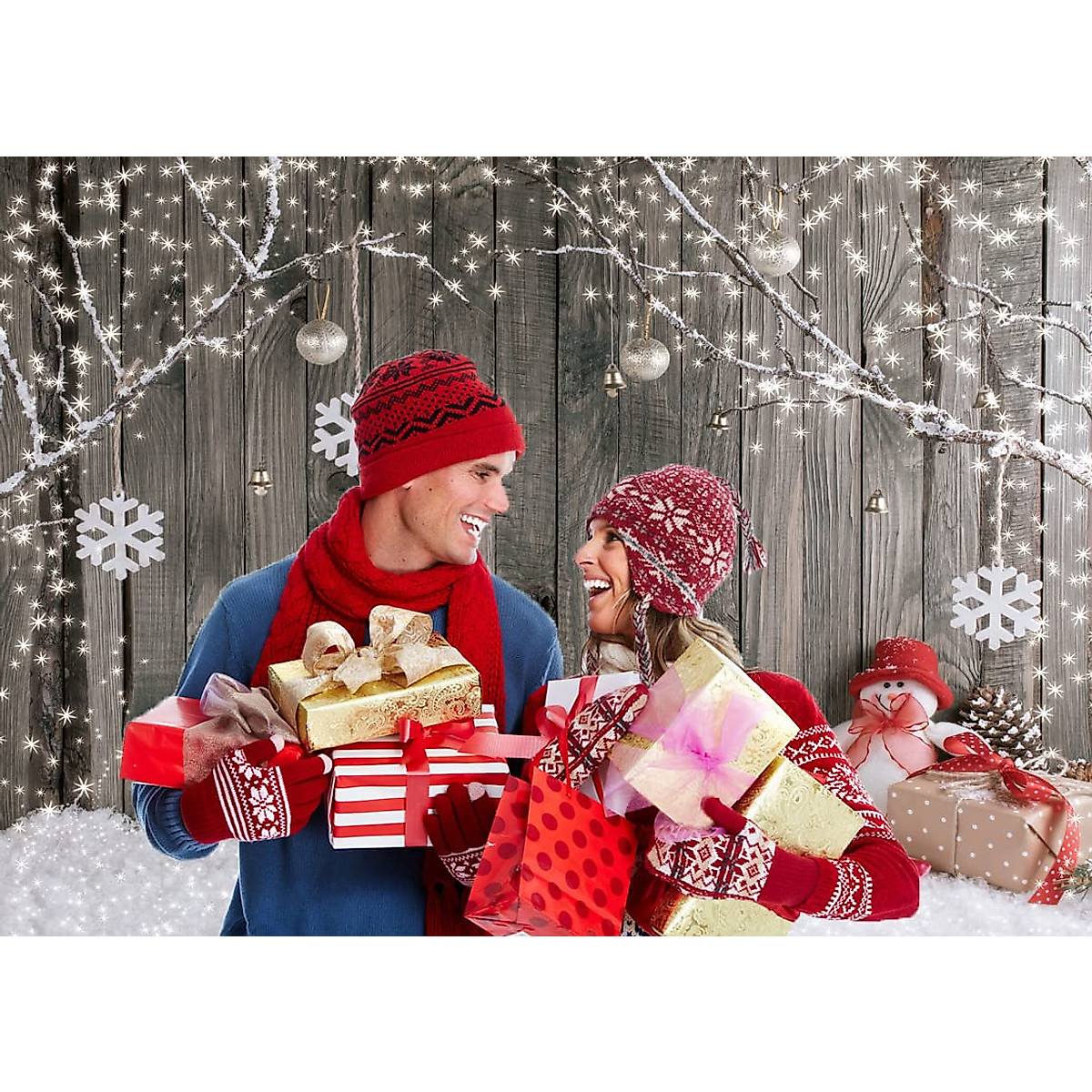 LYWYGG 7X5FT Christmas Backdrop Snow Floor Photo Backgrounds Wooden Wall Photography Backdrops for Child CP-70