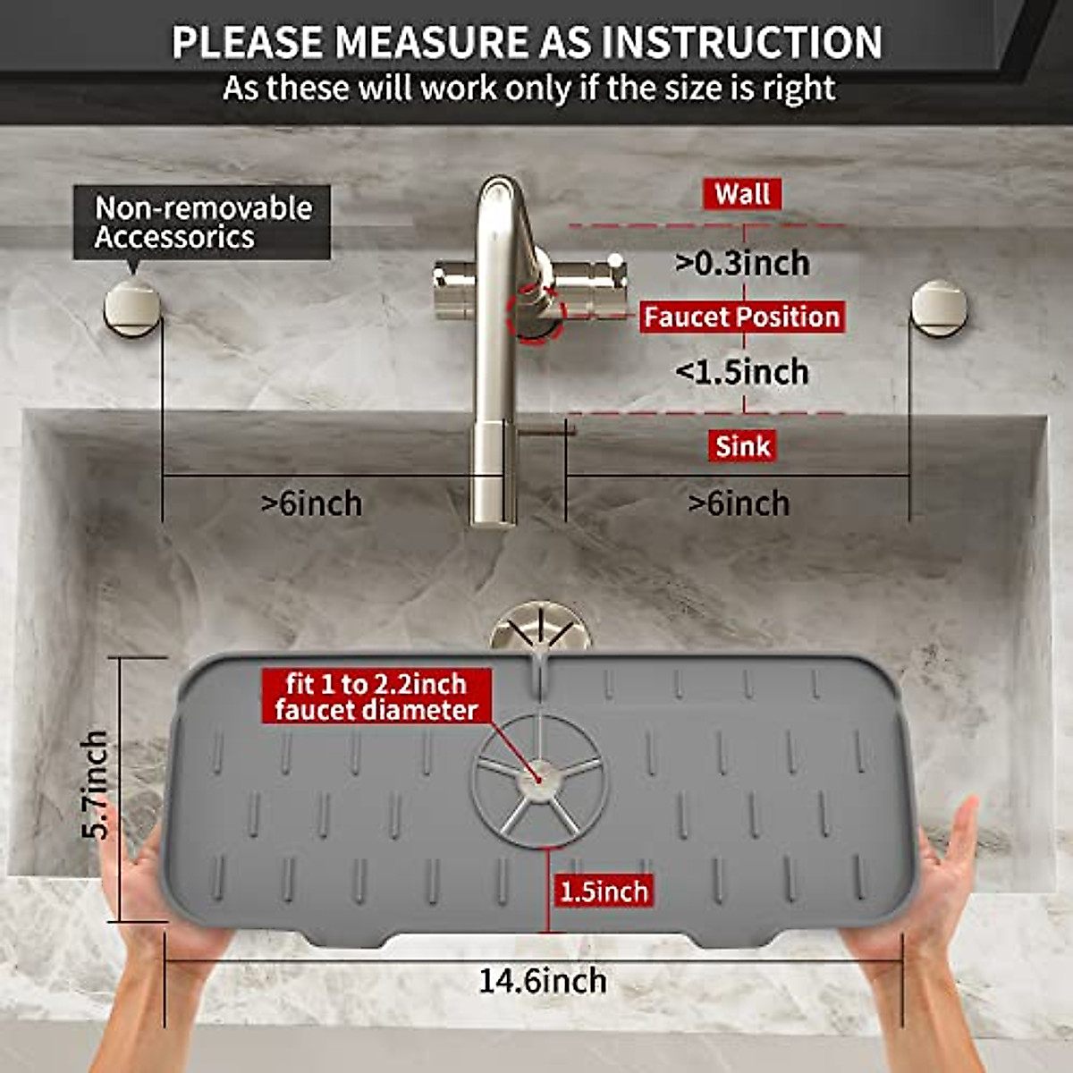 Kitchen Faucet Sink Splash Guard, Silicone Water Catcher Mat – Sink Draining Pad Behind Faucet, Grey Rubber Drying Mat for Kitchen & Bathroom Countertop Protect