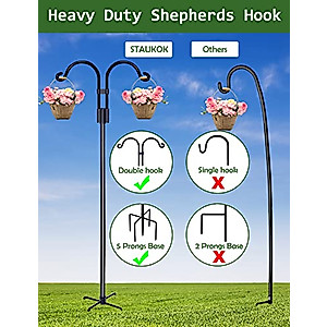 STAUKOK Double Shepherds Hooks for Outdoor, 2 Pack 92 Inch Bird Feeder Pole with 5 Prongs Base, Heavy Duty Garden Hook for Hanging Plant, Lantern, Hummingbird Feeder