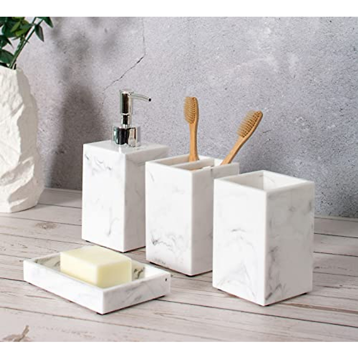 EdSanGa 4 PCs Bathroom Accessories Set, White Marble veining Bathroom Set, Made of Resin, Soap Dispenser, Toothbrush Holder, Bathroom Tumbler, Soap Dish