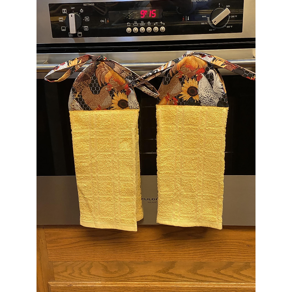 Set of 2 - Roosters Chickens and Sunflowers on Black Reversible Ties On Stays Put Yellow Kitchen Hanging Loop Hand Dish Towels