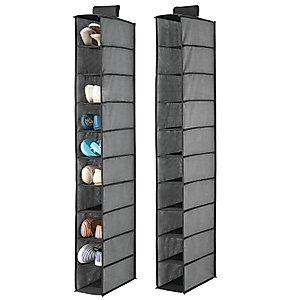 mDesign Soft Fabric Closet Organizer - Holds Shoes, Handbags, Clutches, Accessories - 10 Shelf Over Rod Hanging Storage Unit - Textured Print - 2 Pack - Charcoal Gray/Black