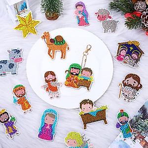 Whaline 15Pcs Christmas 5D Diamond Drawing Keychain Kit DIY Handmade Nativity Angel Diamond Drawing Pendent Rhinestone Mosaic Making Full Drill Diamond Art Ornaments Key Chain for Kids Crafts