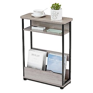 Vintage Narrow Side Table with Storage Shelf, 3 Tier Slim End Table Modern Sofa Table for Narrow and Small Spaces, 24.6 Inch Height Bedside Table Small Nightstand with Magazine Rack (Oak)