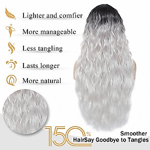 GOWIT Ombre Silver Grey Wigs for Women 30 Inch Long Curly Wavy Wig Middle Part Dark Roots Natural Looking Synthetic Heat Resistant Wig for Halloween Christmas Daily Cosplay Party Use