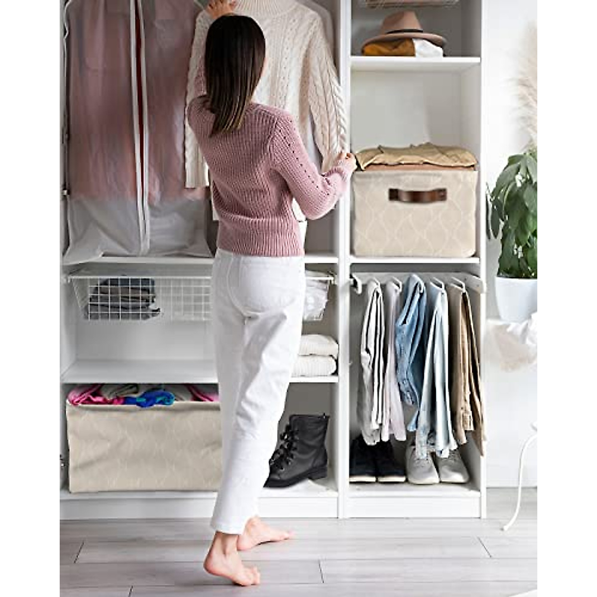 Storage Baskets for Organizing, Toy Box Chest Long Wavy Pattern on Brown Texture Foldable Cube Storage Bin with 2 Leather Handles Set of 2