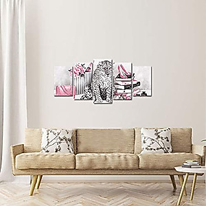 Kaloremore Black White Pink Fashion Leopard Canvas Wall Art Prints Glam High Heel Shoes Books Poster Giclee Prints Picture for Woman Bedroom Girl Gift Makeup Room Decoration
