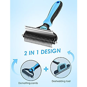 MalsiPree Dog Grooming Brush for Shedding - 2 in 1 Deshedding Tool and Undercoat Rake for Long and Short Haired Dogs with Double Coat - Dematting Comb and Pet Hair Deshedder Supplies (Large, Blue)
