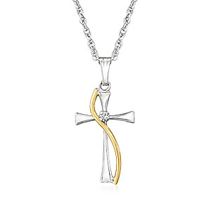 Sterling Silver and 14kt Yellow Gold Cross Pendant Necklace With Diamond Accent. 18 inches