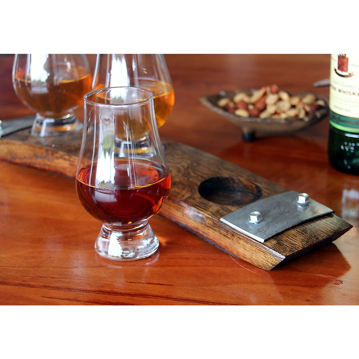 Barrel-Art Barrel Stave Premium 3 Glass Whiskey Flight Serving Tray with Glencairn Glasses, Dark Walnut