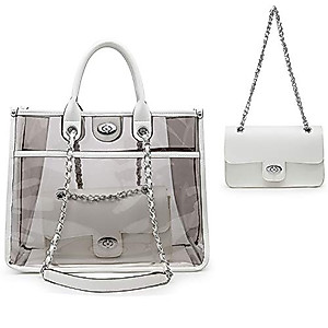 Large Clear Tote Bag Top handle Bag for Women Handbag Messenger Crossbody Purse With Turn Lock Closure (2 Sets) (White)