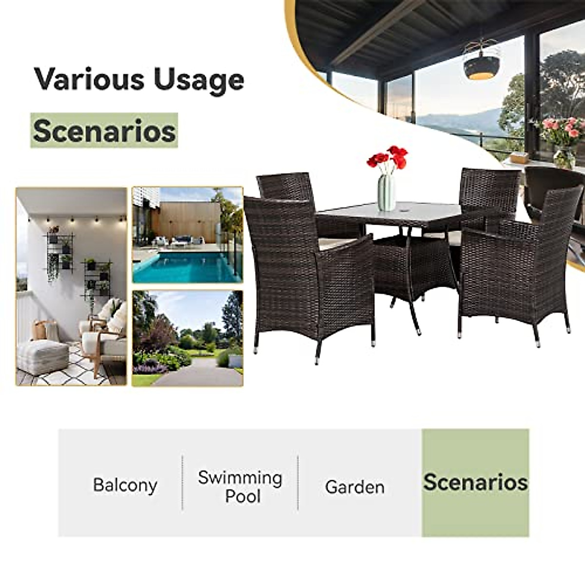 SUNCROWN 5 Piece Outdoor Dining Set All-Weather Wicker Patio Dining Table and Chairs with Cushions, Square Tempered Glass Tabletop with Umbrella Cutout for Patio Backyard Porch Garden Poolside