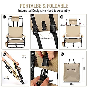 REALEAD Reclining Beach Chairs for Adults - Extendable High Back Low Profile Beach Chair with Headrest, Cooler Pouch, Cup Holder, 4-Position Lay Flat Folding Beach Chairs Heavy Duty Support 330LBS