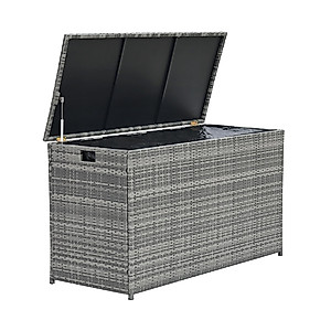 Teamson Home 154 Gallon Lined Weather Resistant Outdoor Rattan Wicker Patio Deck Storage Box with Soft Close Hinges for Patio Furniture Cushions or Pool Accessories, Gray