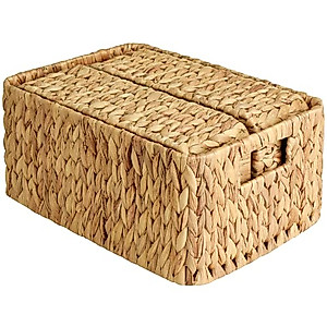 StorageWorks Water Hyacinth Storage Baskets, Square Wicker Baskets with Built-in Handles, Hand-Woven Baskets for Bedroom, Bathroom, Pantry, Shelves, Set of 3 (1PC Large, 2PCS Medium)