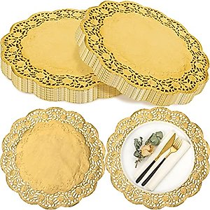 200 Pcs 14 Inch Doilies Paper Doilies Round Lace Paper Doilies Disposable Foil Lace Paper Doilies Placemats Doily Paper Pad Paper Placemats for Cakes Crafts Party Weddings Tableware (Gold, Round)