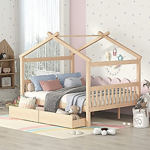 Full Size House Bed with 2 Storage Drawers Wooden Kids Montessori House Bed Frame Wood Playhouse Tent Bed for Girls Boys Teens, Natural