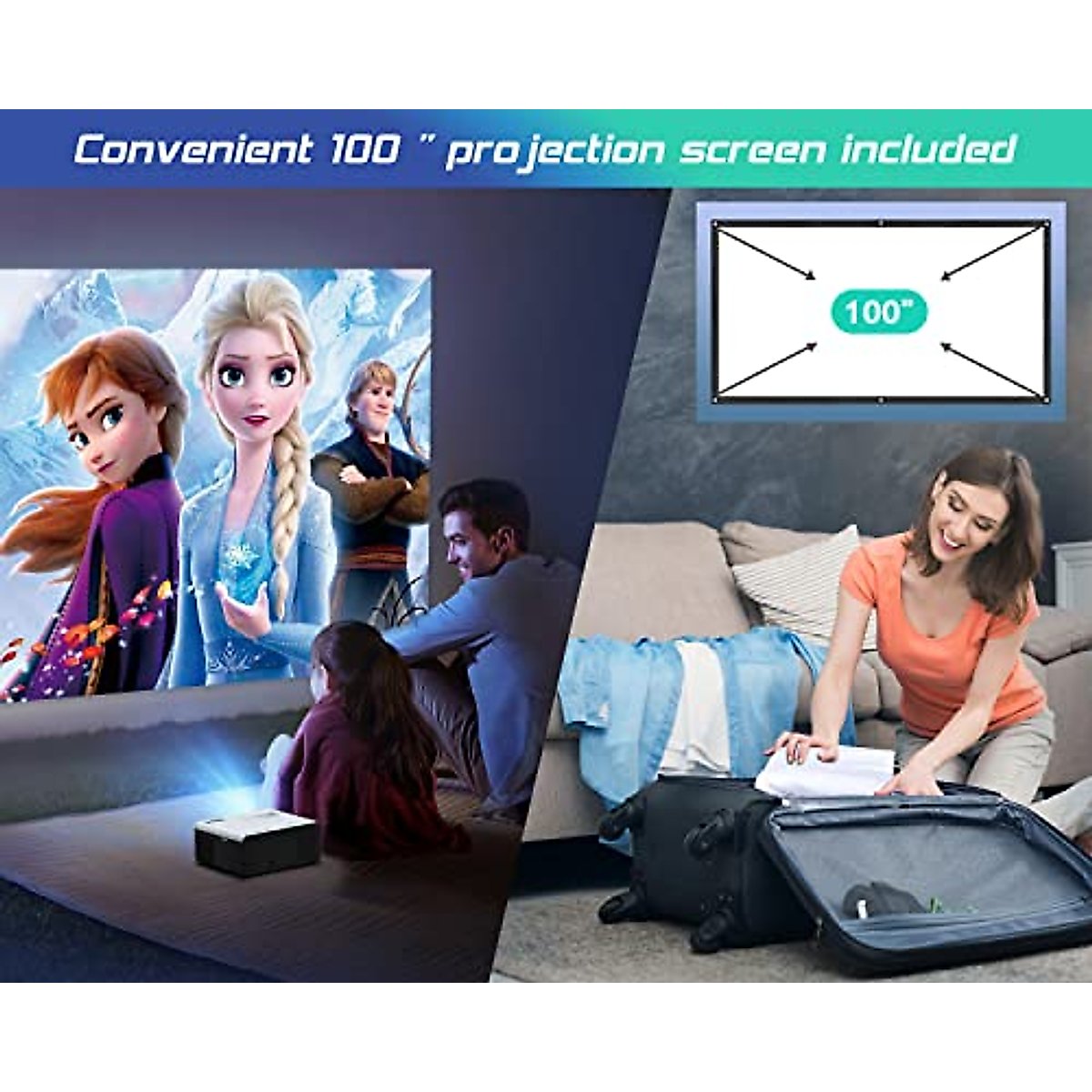 TMY Projector with WiFi and Bluetooth, Native 1080P 5G WiFi Outdoor Projector with 100" screen, 4K Supported Portable Projector, Compatible with iOS/Android/PC/TV Stick/HDMI/AV/USB, Indoor Outdoor Use