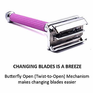 Parker 29L Lavender, Long Handle Butterfly Open Double Edge Safety Razor for Women, 5 Parker Premium Platinum Double Edge Razor Blades Included