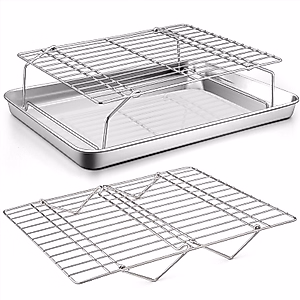Baking Sheet and 2-Tier Cooling Racks Set, P&P CHEF Stainless Steel Baking Pan Tray with Stackable Cooking Wire Rack for Cookie Bacon Meat, Uncoated & Non-toxic, Mirror Finish& Dishwasher Safe - 3Pcs
