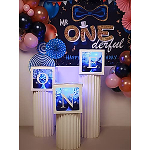 FIGEPO First Birthday Balloons Boxes with 3 LED String Lights and 12 Blue Balloons 12 Confetti Balloons ONE Transparent White Blocks for Baby Boy 1st Birthday Decorations baby shower Photo Shoot Prop