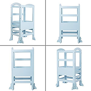 SDADI Height Adjustable Kids Learning Stool, Kids Kitchen Step Stool with Safety Rail-Solid Hardwood Construction | Soft Blue/Blue-Grey LT02G