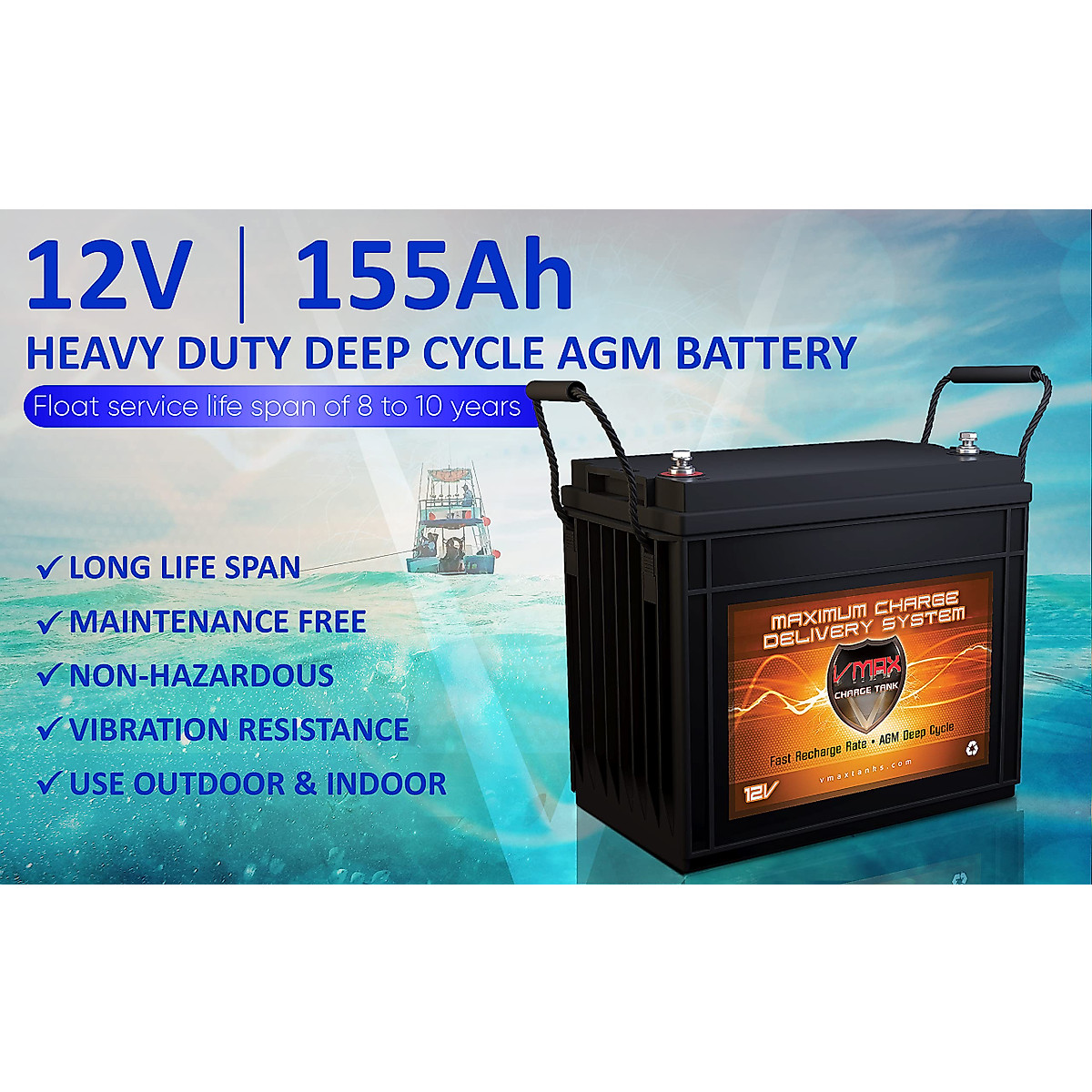 VMAX MR147-155 12V 155Ah AGM Deep Cycle Marine Battery for Minn Kota Pontoon 55 Hand Control 12V 55lb Trolling Motor
