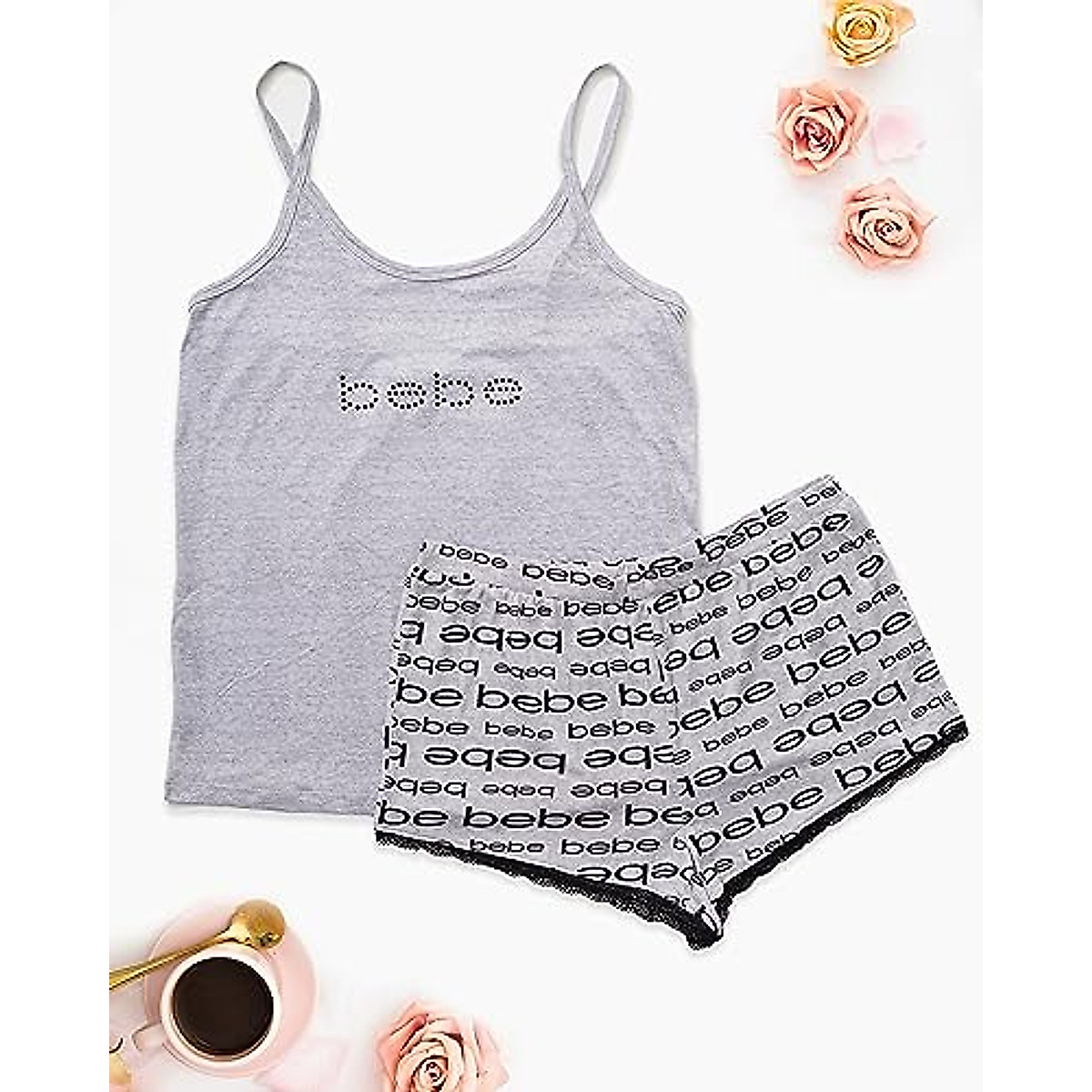 bebe Womens 2 Piece Pajama Set Pajama Set - Tank Top and Lounge Shorts Sleepwear PJ Set (Heather Grey, Large)
