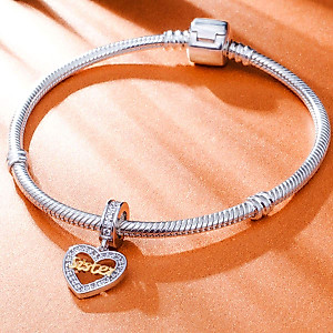 2 Tone Sister Love Heart Charms for Women - 925 Sterling Silver Big/Little Sis Pendant Goddess Beads - fits Pandora Mothers Day Bracelet, Gifts for Birthday/Christmas/Sister in Law