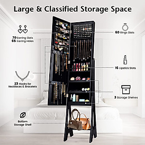COSTWAY 12 LED Mirror Jewelry Cabinet, Freestanding Jewelry Storage Organizer w/Full Length Mirror, Large Capacity Jewelry Armoire w/Bottom Shelf, Mirror with Jewelry Storage for Women Girls (Black)